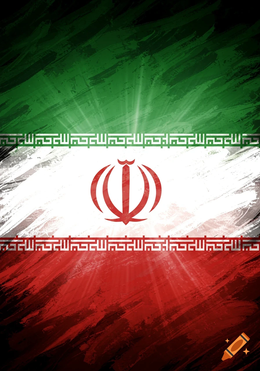 A stylized, grunge-textured Iranian flag with a central red emblem and ...