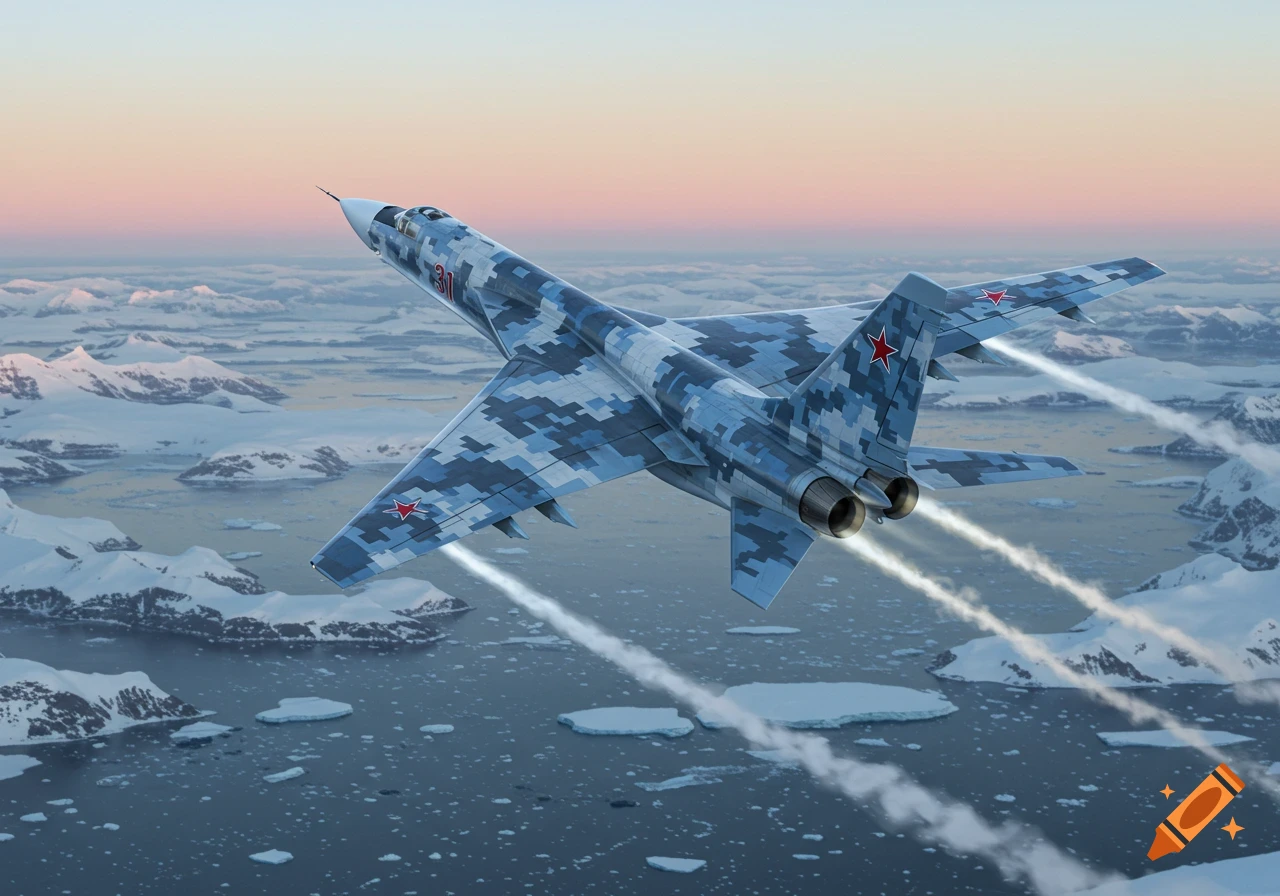 A military jet with blue digital camouflage flies low over a frozen sea ...