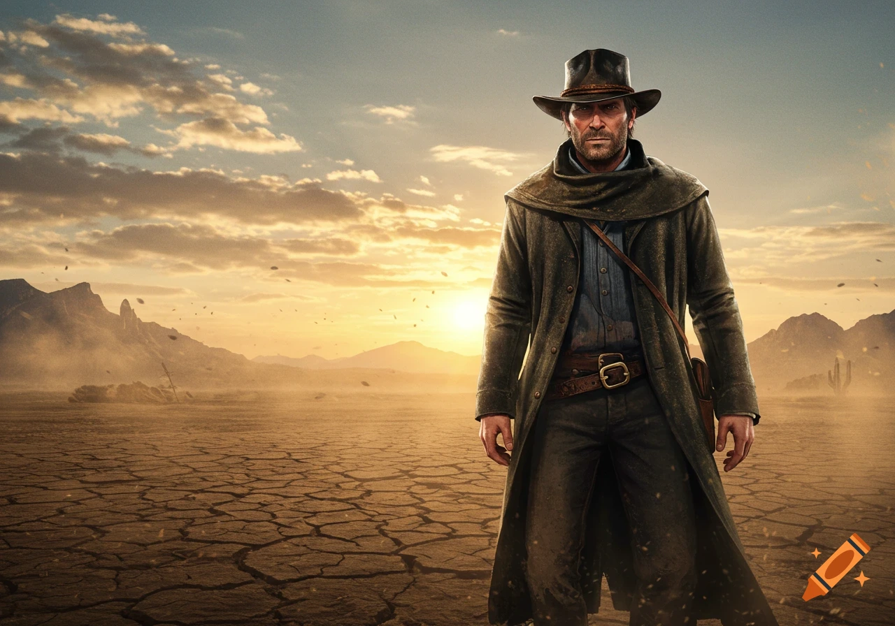 A serious man in a cowboy hat and duster coat stands in a cracked ...