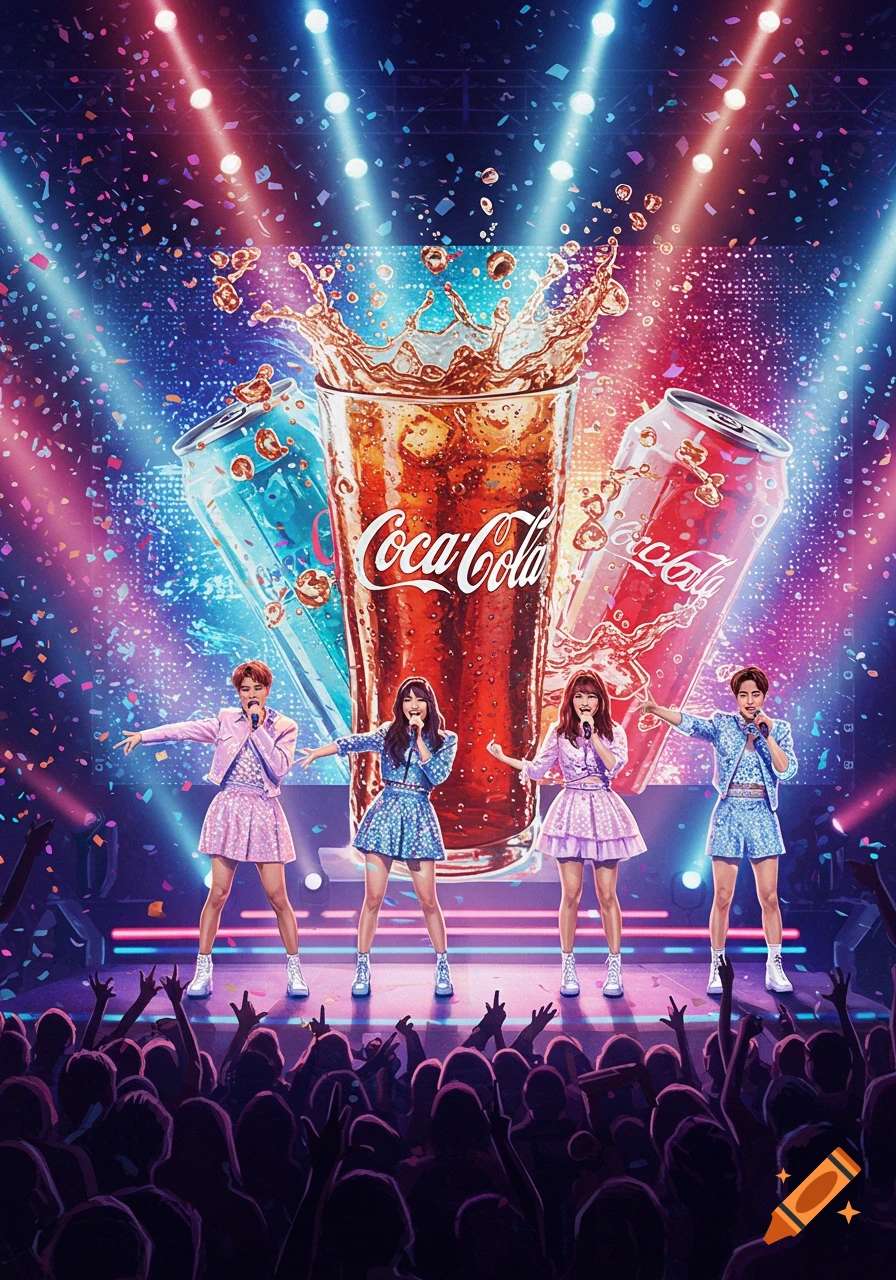 Kpop group performs on stage under vibrant spotlights with a large Coca ...