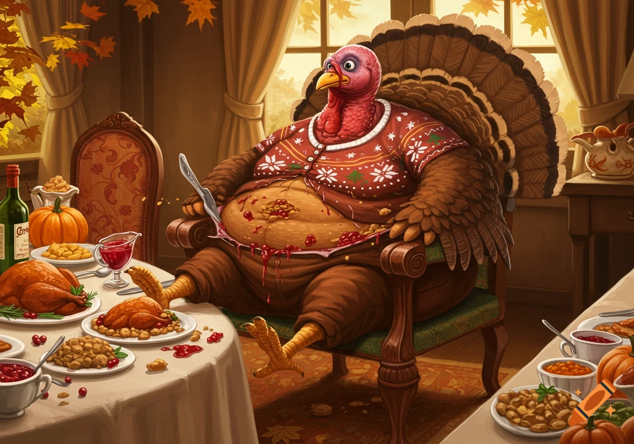 A whimsical turkey in blue pants rides an Indian motorcycle on a table ...