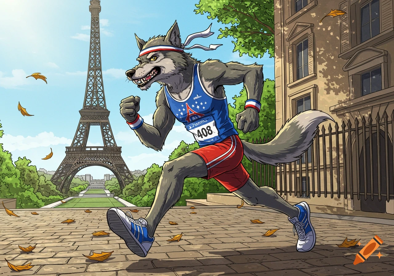 Cartoon anthropomorphic wolf in a blue and red marathon outfit running ...