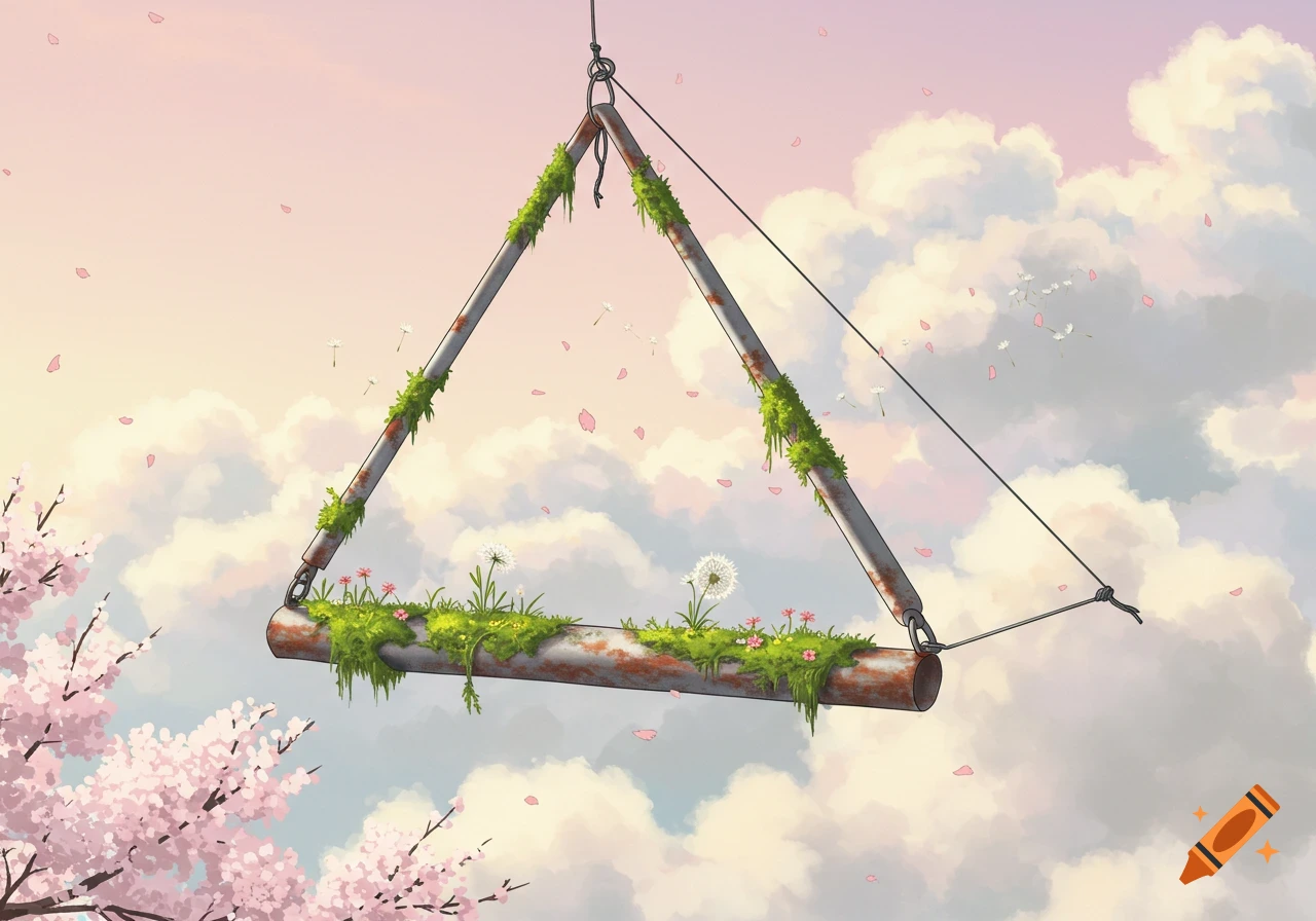 A rustic hang glider frame, adorned with moss and tiny flowers, floats ...