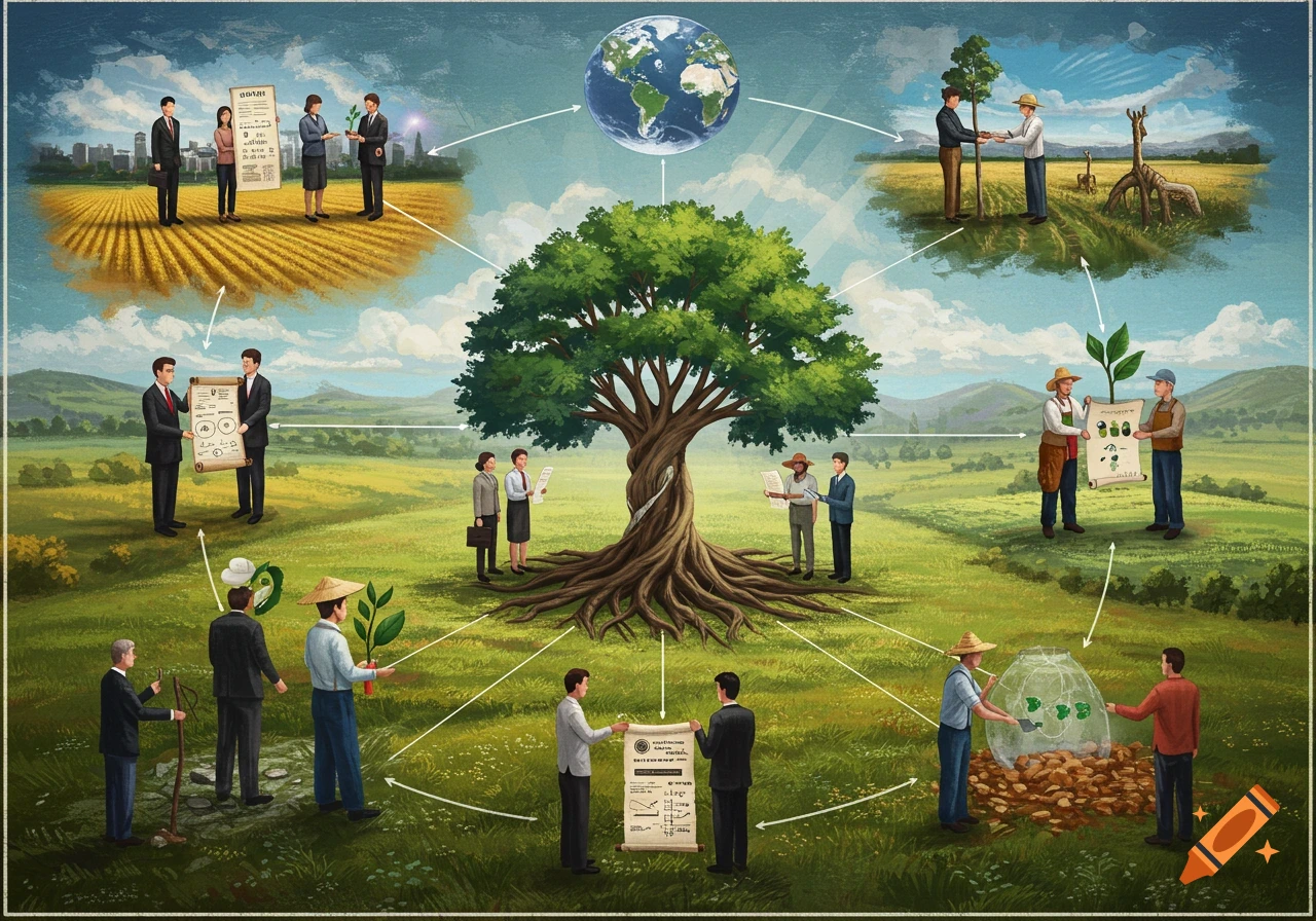 Conceptual illustration of a cycle with business people, farmers, a ...