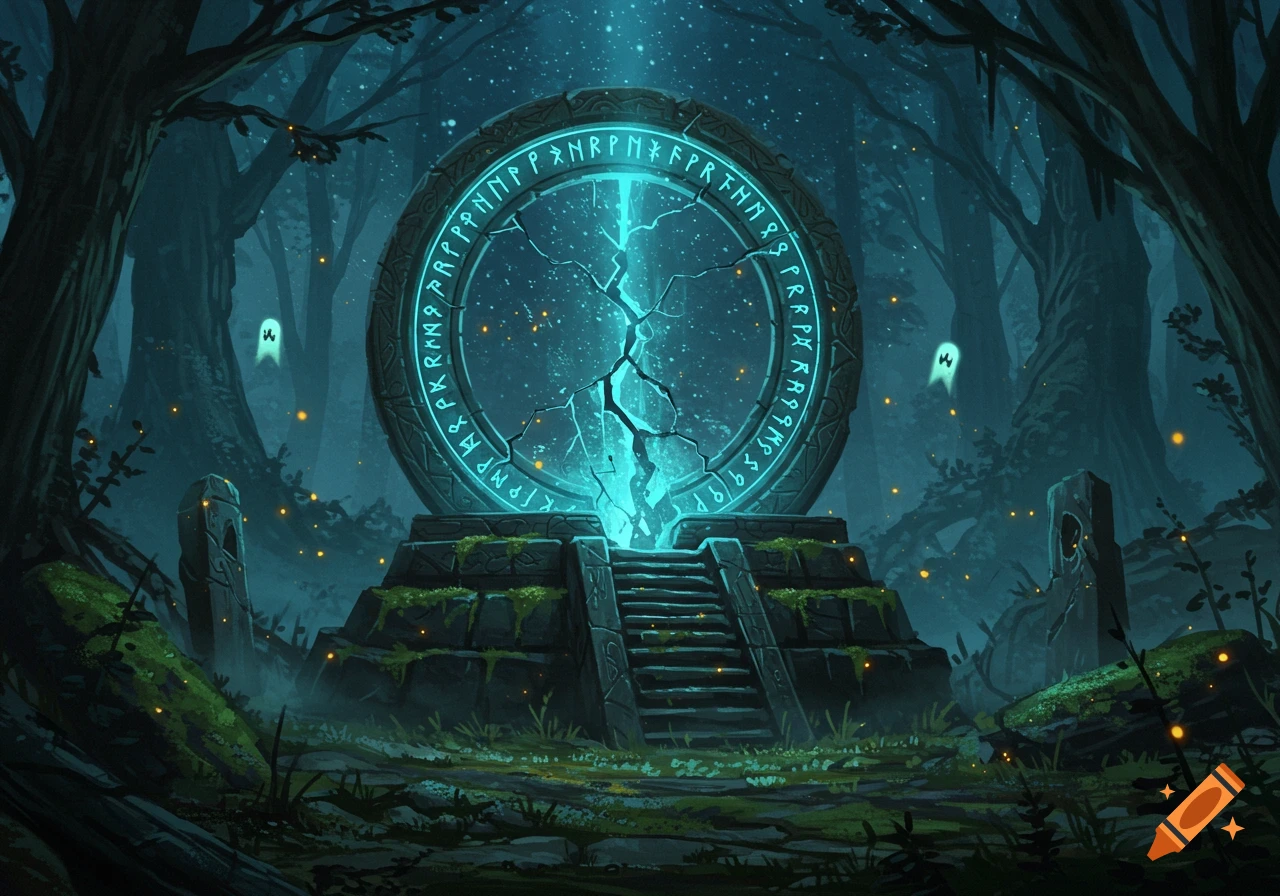 A cracked, glowing blue magical portal with runes in a dark, ethereal ...