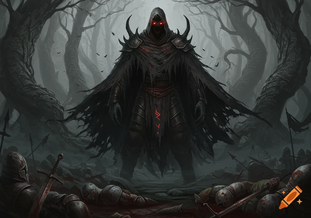 A hooded figure with glowing red eyes and a glowing red crystal staff ...