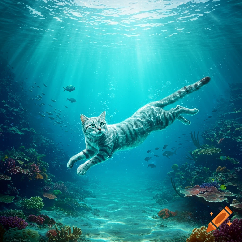 A photorealistic striped cat swims gracefully in clear turquoise water ...