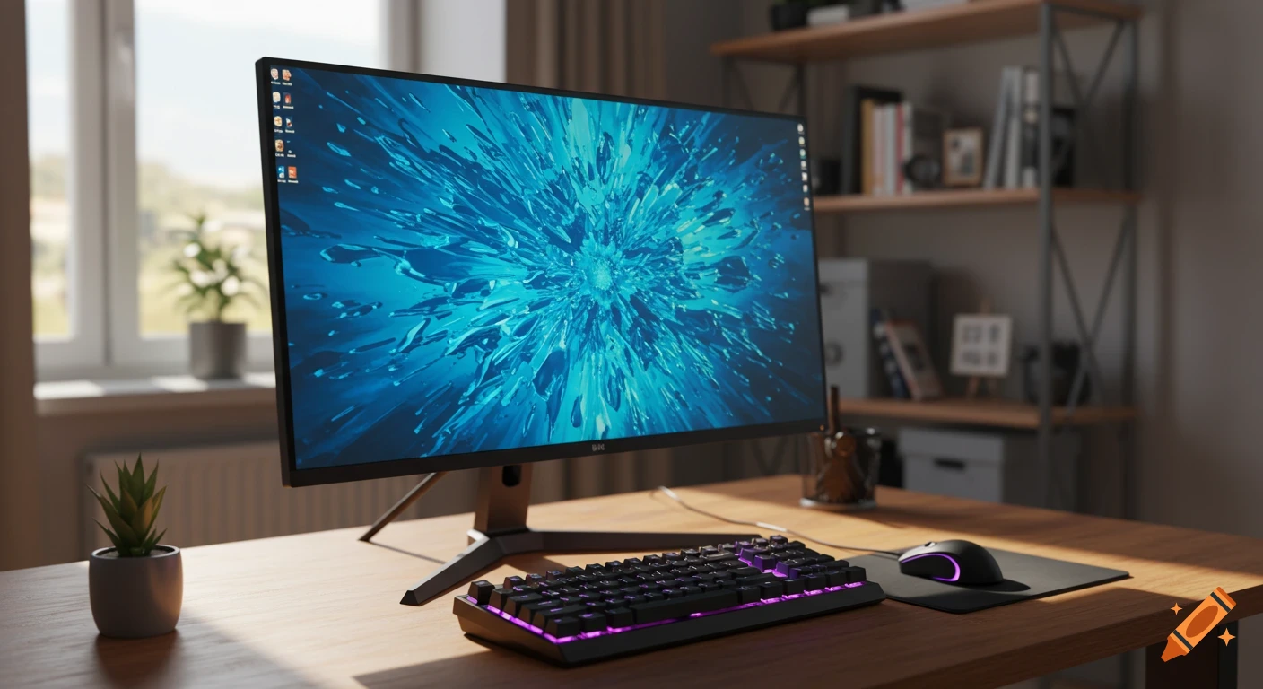 Modern computer desk setup with a monitor displaying colorful abstract ...