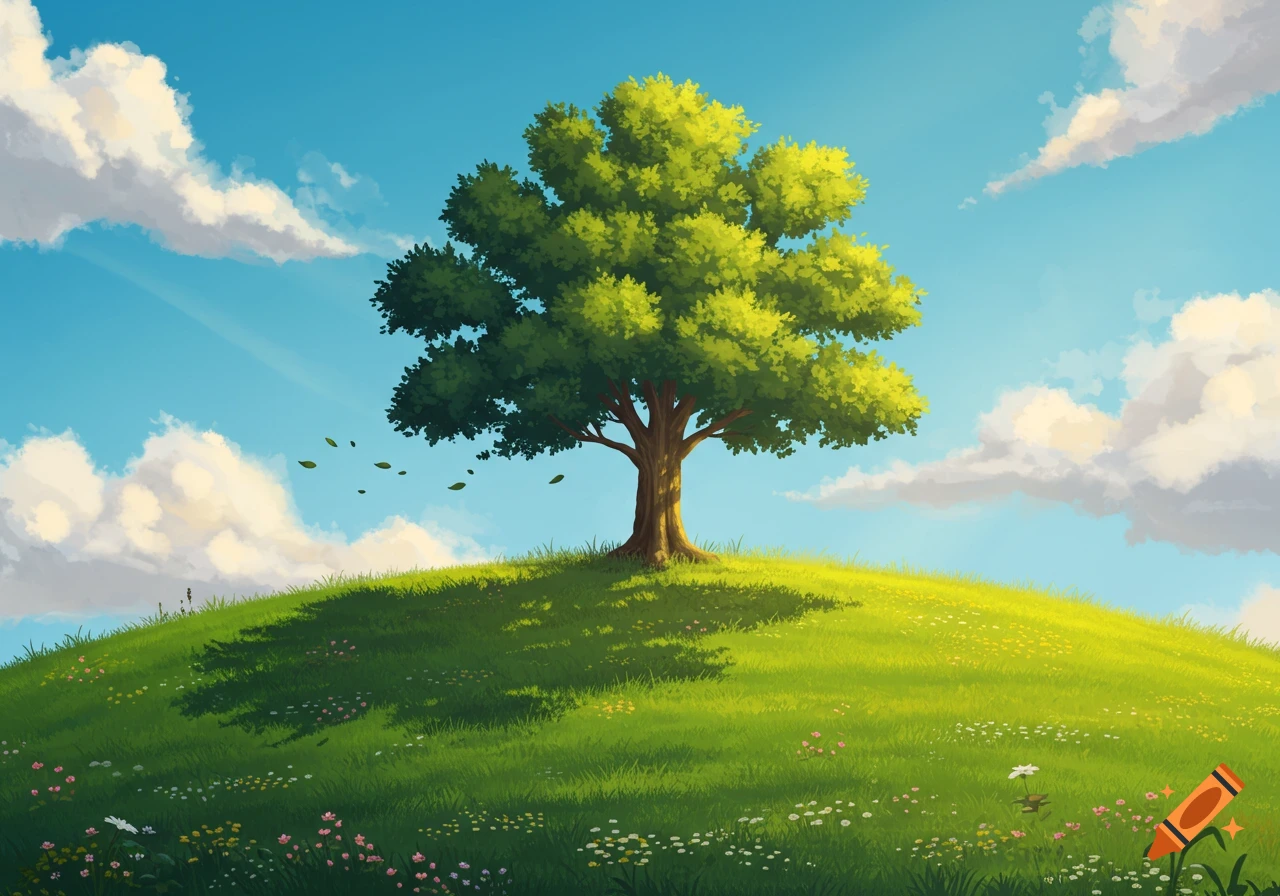 A magical tree with leaves displaying autumn, winter, spring, and ...