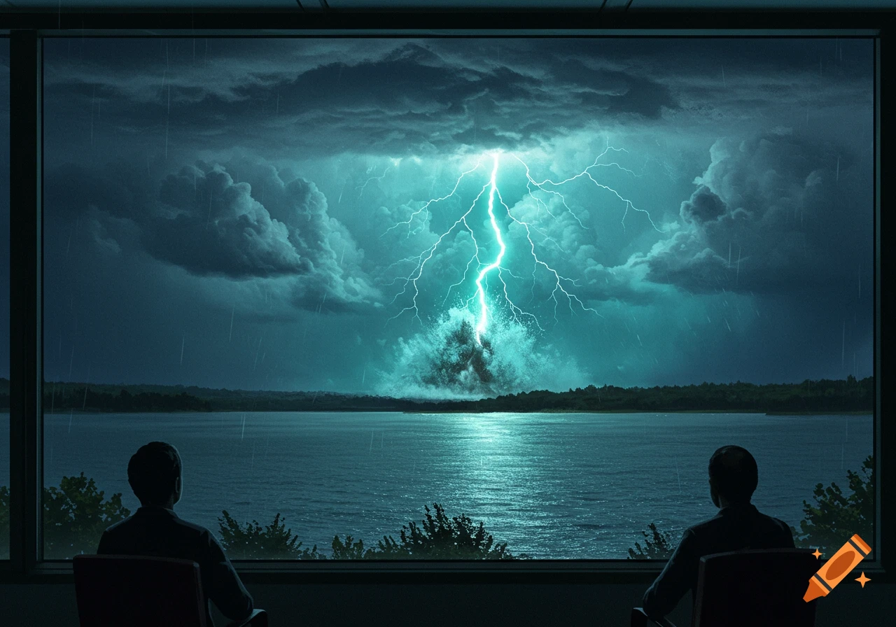 Two people watch from a window as a powerful lightning bolt strikes a ...