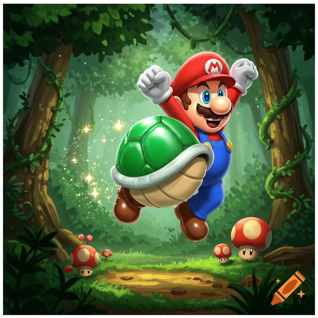 Cartoon Mario jumps happily in a vibrant green forest, holding a green ...