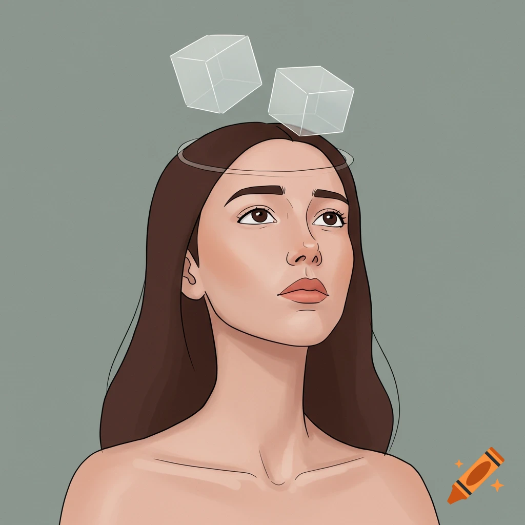 An illustration of a woman with long brown hair looking up thoughtfully ...