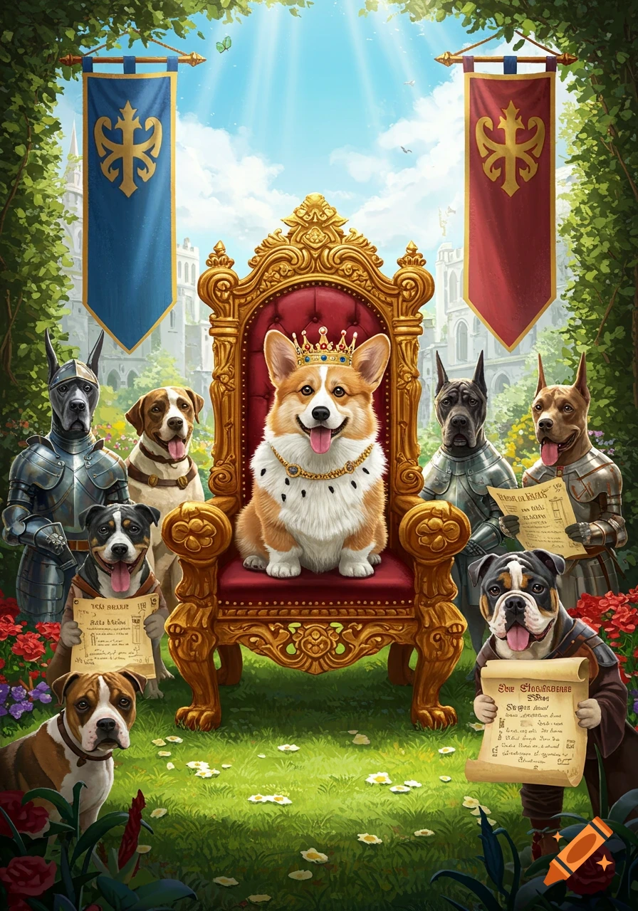 A happy corgi king sits on a golden throne, surrounded by armored dog knights and other dogs ...
