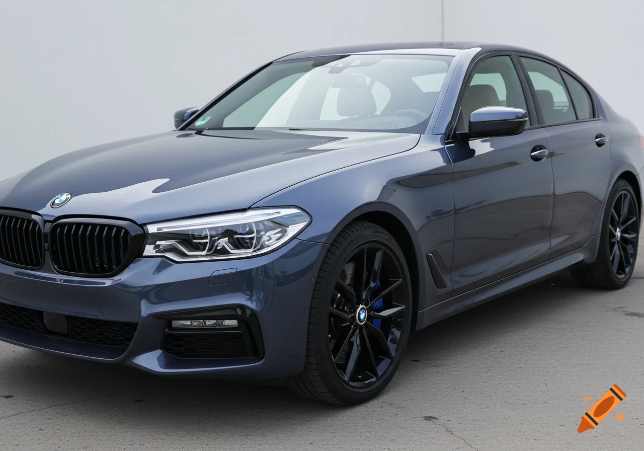 An angled front view of a blue-grey 2019 BMW 540i sedan with a blacked ...