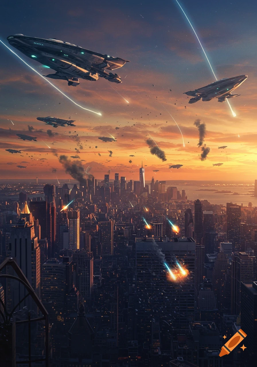 Alien spaceships attack a futuristic New York City skyline at sunset ...