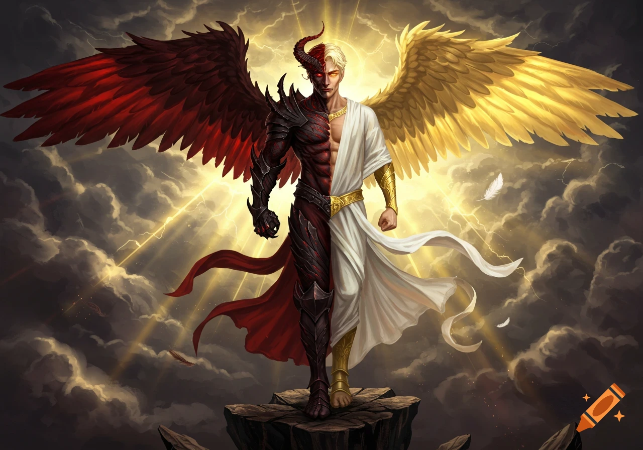 A male figure, half demon with red wings and black armor, half angel ...