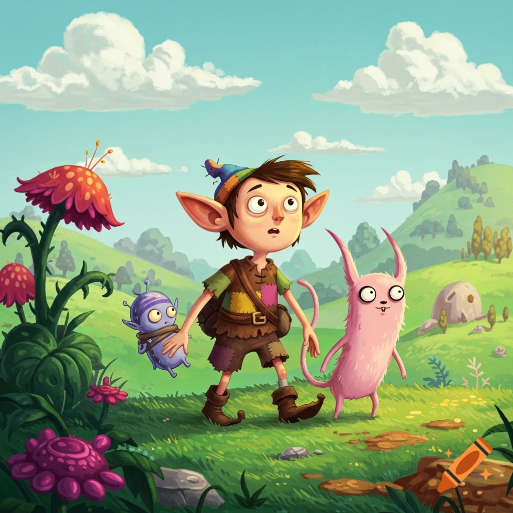 A thin, old, cartoon elf with large ears and a leaf outfit holding a ...