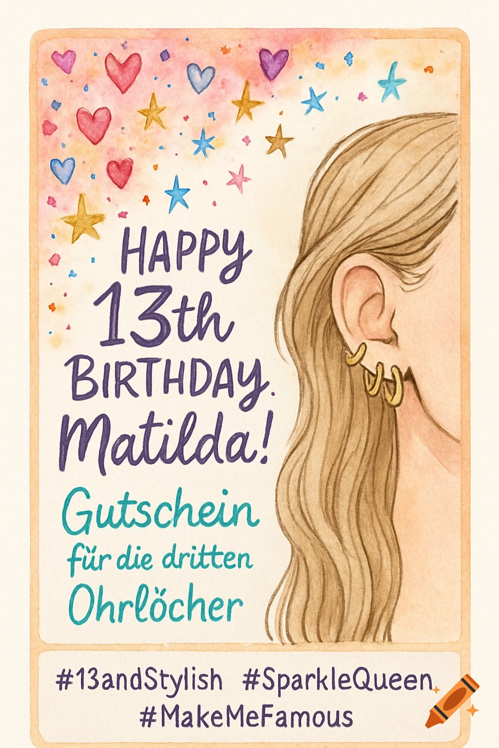 Watercolor birthday card for Matilda featuring an ear with three hoop ...