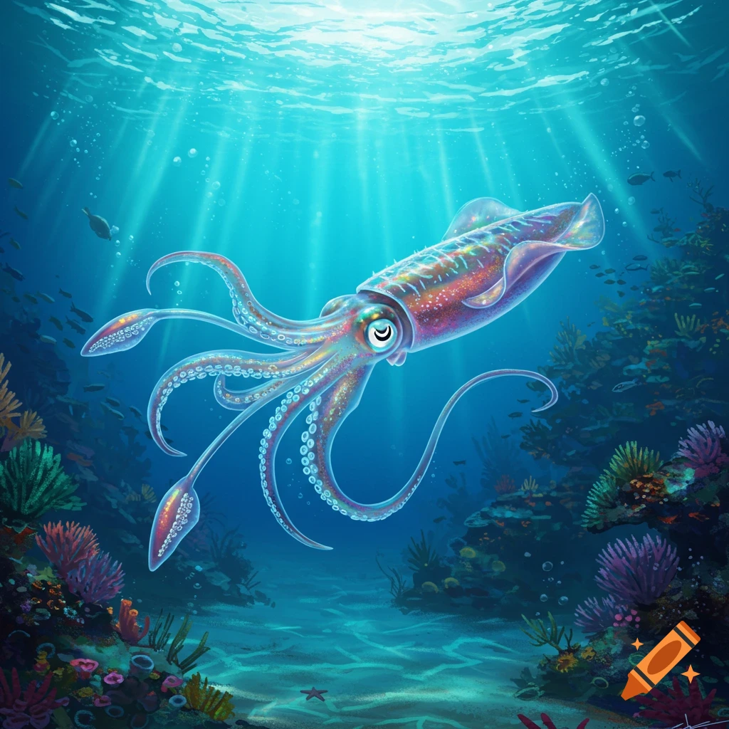 A large squid with long tentacles swims in a vibrant blue ocean ...