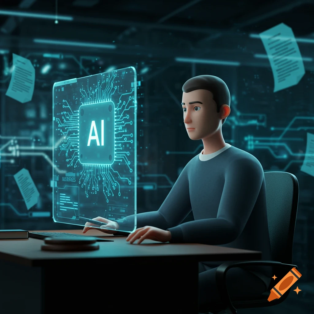 A futuristic white and black android bust with glowing blue eyes ...