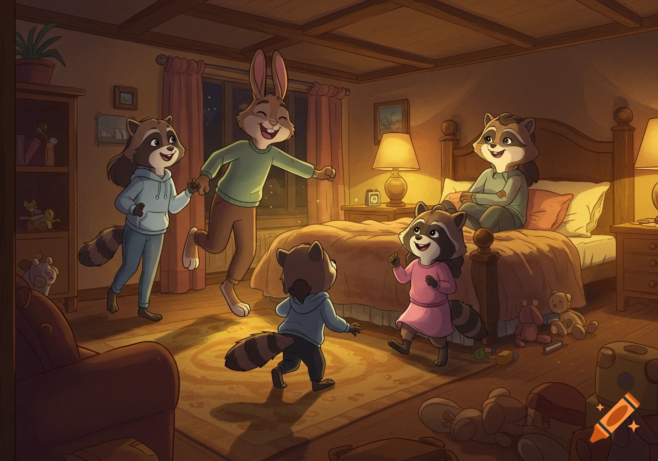 A Disney-style cartoon shows a rabbit playing with two raccoon children ...
