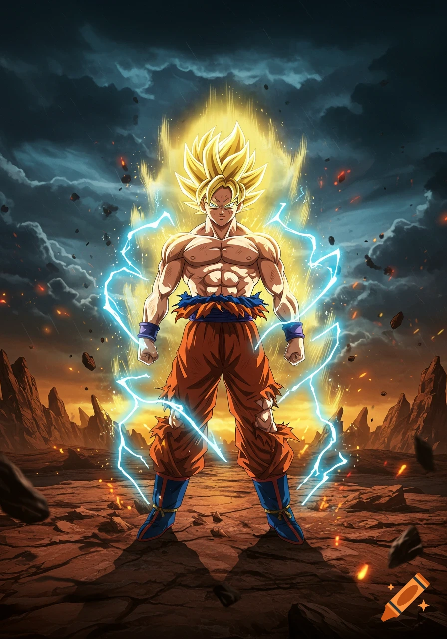 Goku in Super Saiyan form stands shirtless, radiating fiery energy and ...