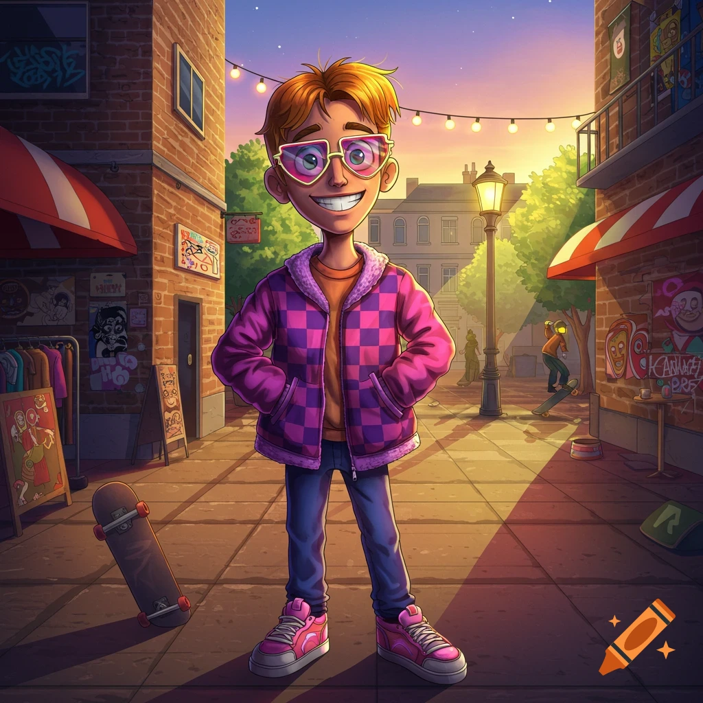 A cute, drawn character in glasses, a hoodie, and sneakers, with a ...