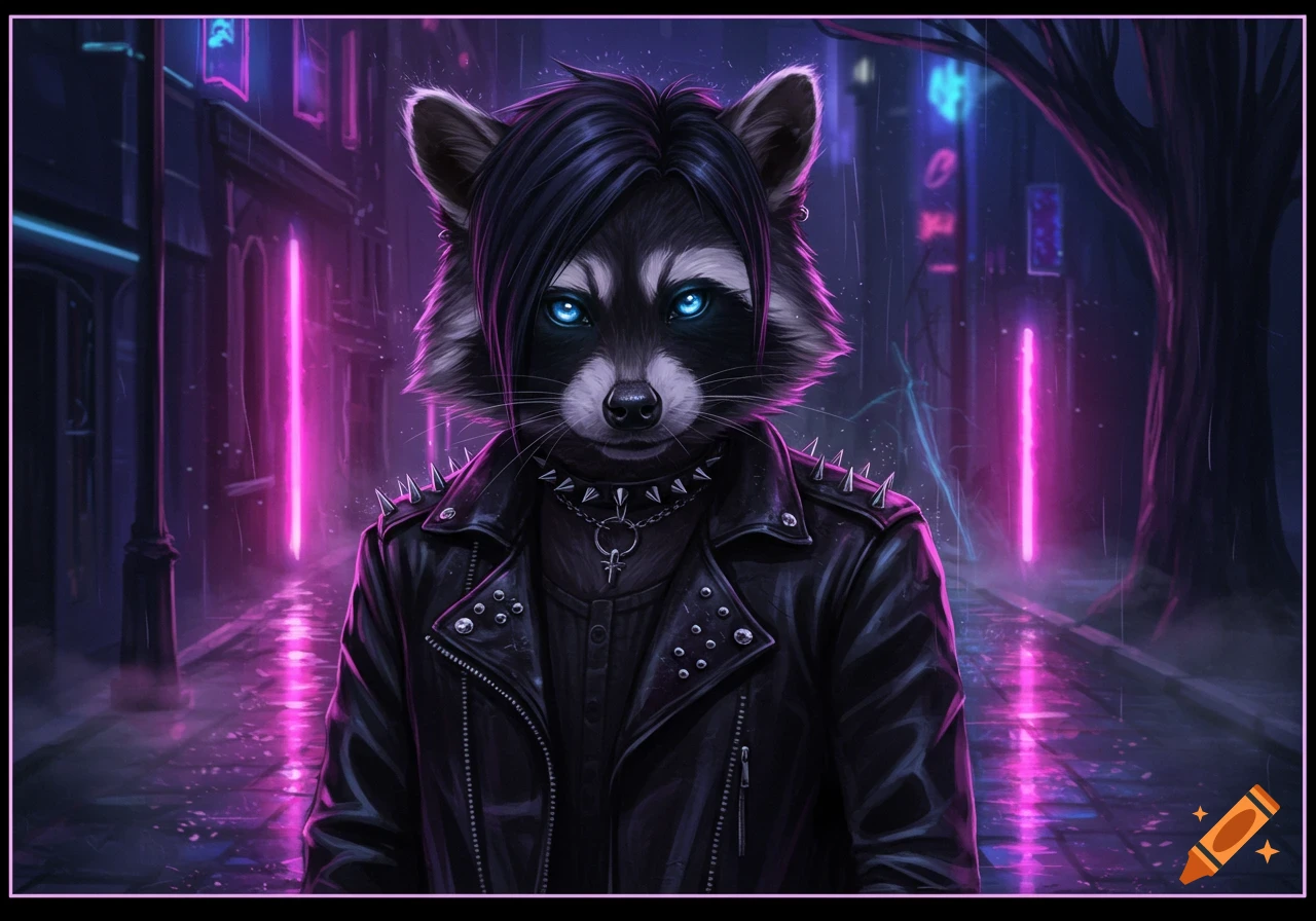 A stylized raccoon with glowing pink eyes sits atop a trash can on a ...
