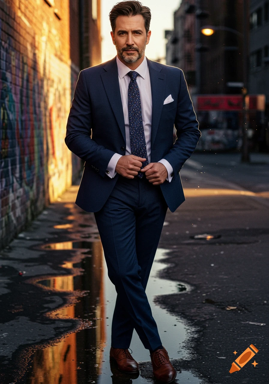 A dapper man in a blue suit stands confidently in a graffiti-filled alley, golden light ...