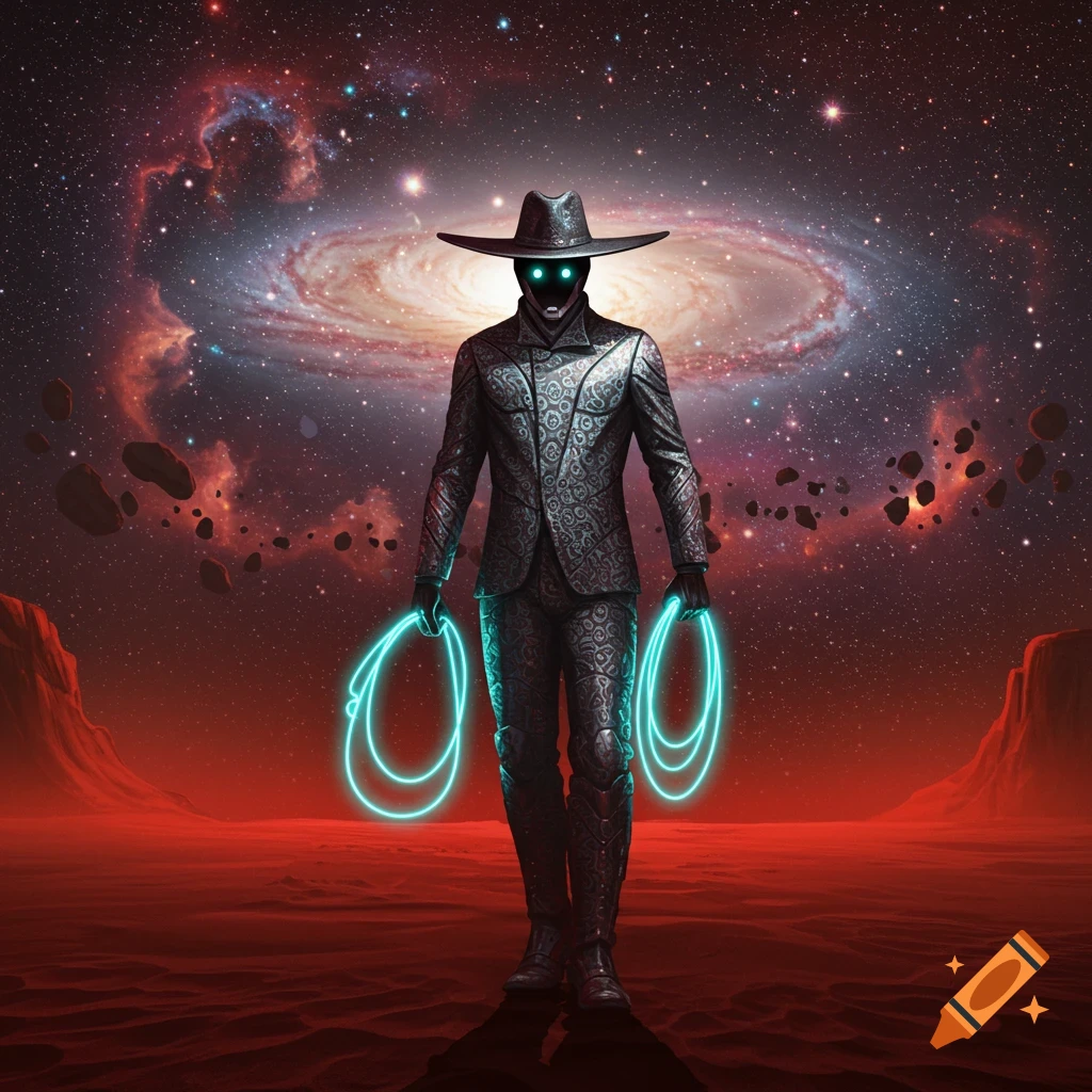A mysterious figure in a cowboy hat and patterned suit with glowing ...
