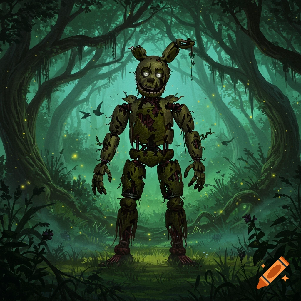 A dilapidated, green rabbit animatronic with glowing eyes stands in a ...