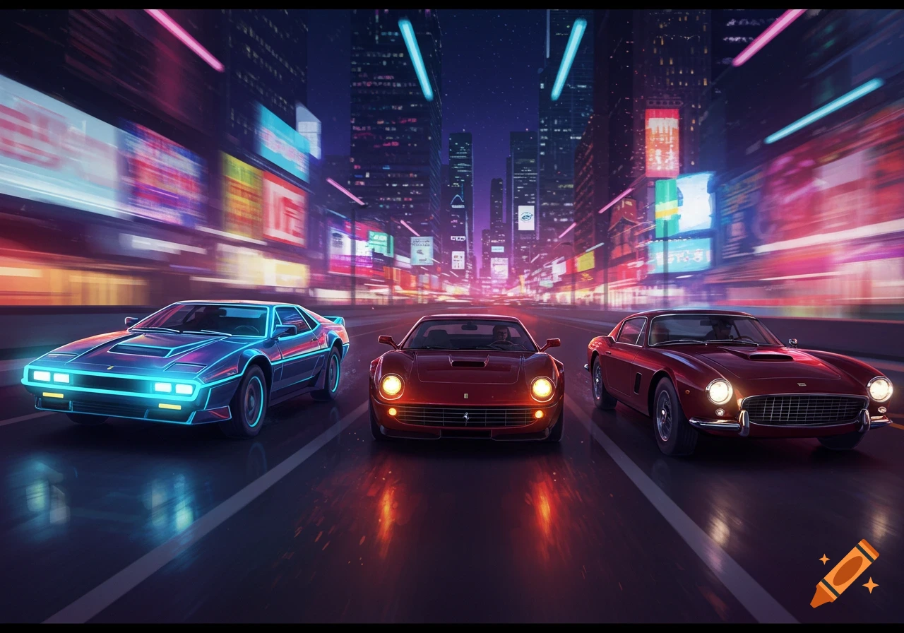 Four rock band members by a red convertible on a dark road, facing a ...