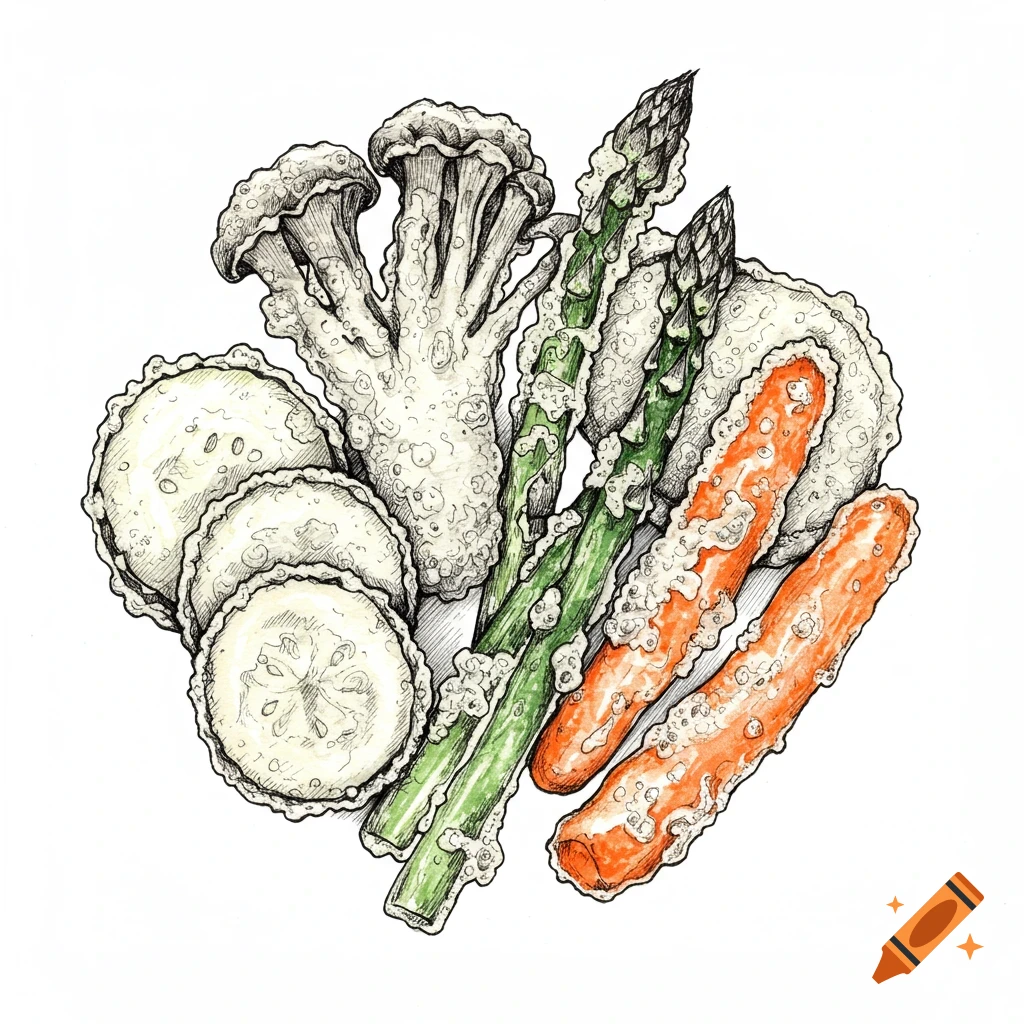 Pen drawing of tempura vegetables including mushrooms, asparagus ...