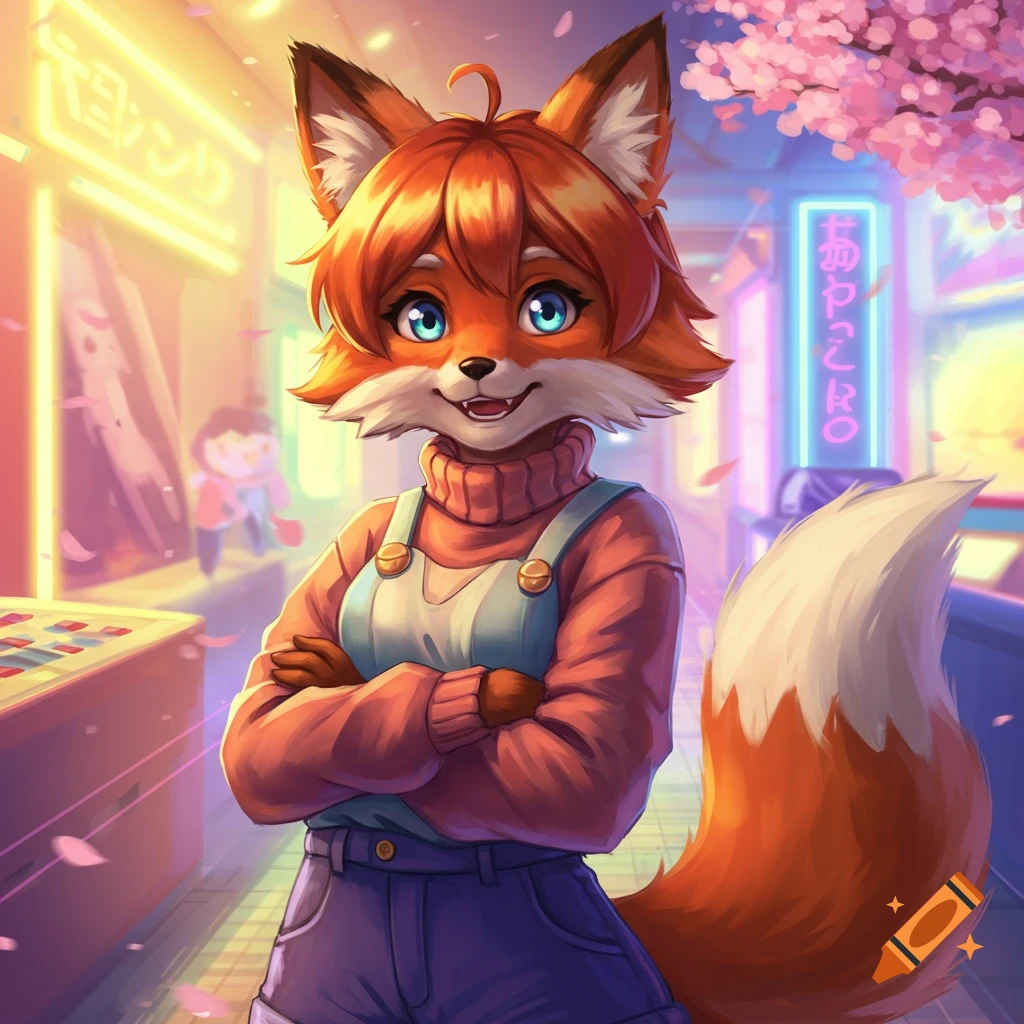 A mischievous fox furry in a black leather jacket and pants, kneeling ...