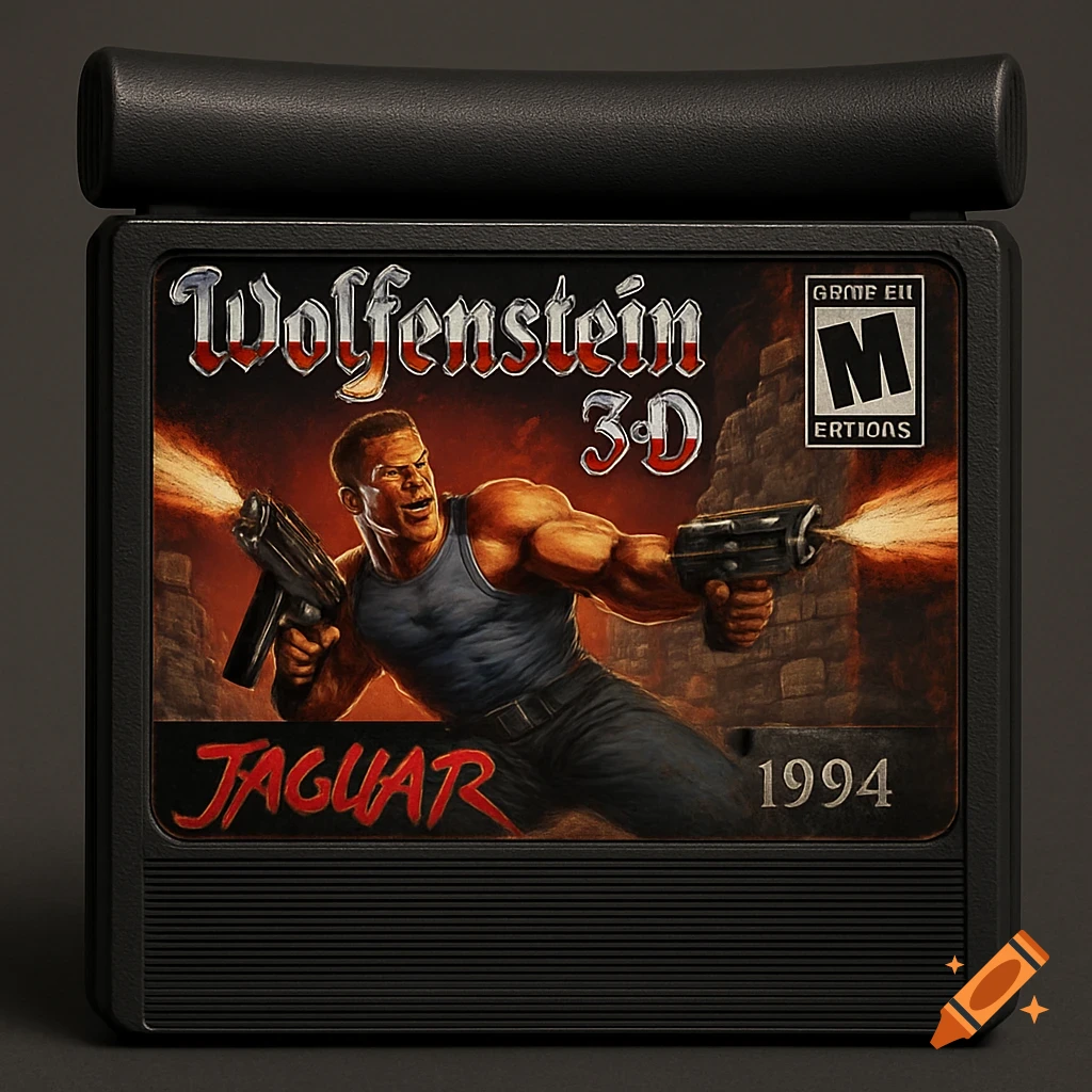 An Atari Jaguar cartridge for Wolfenstein 3D, featuring B.J. Blazkowicz on the label, holding ...