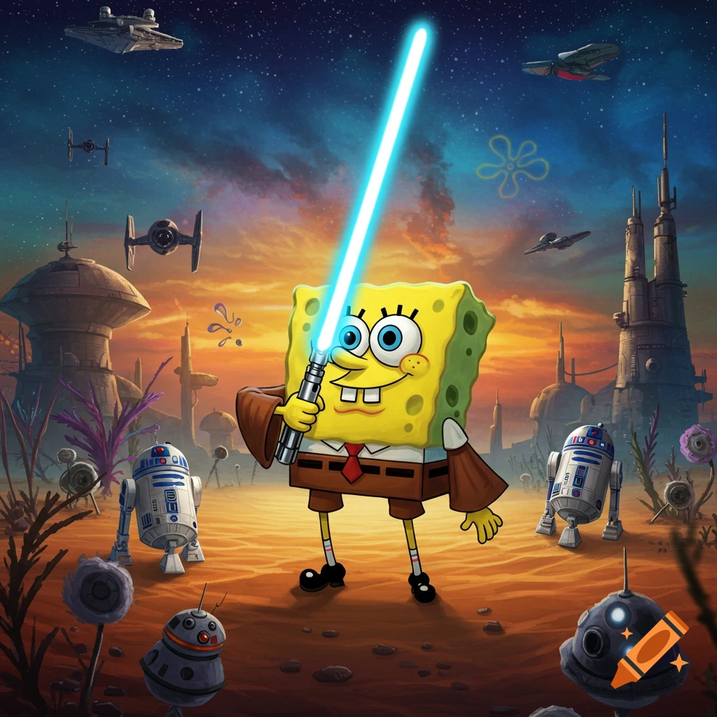 Cartoon Spongebob as a Jedi knight, wielding a blue lightsaber, stands ...