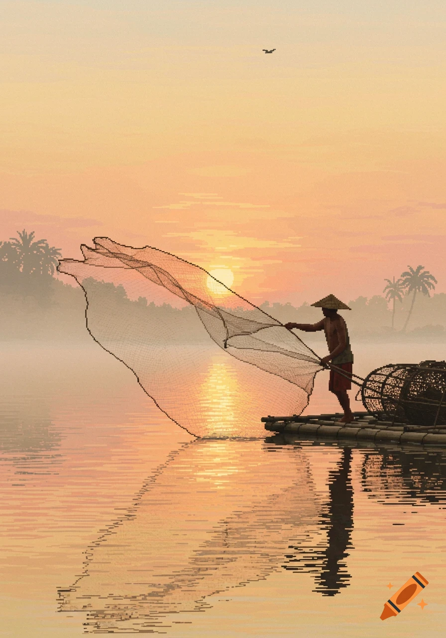 Pixel art of a fisherman casting a net from a bamboo raft at dawn with ...