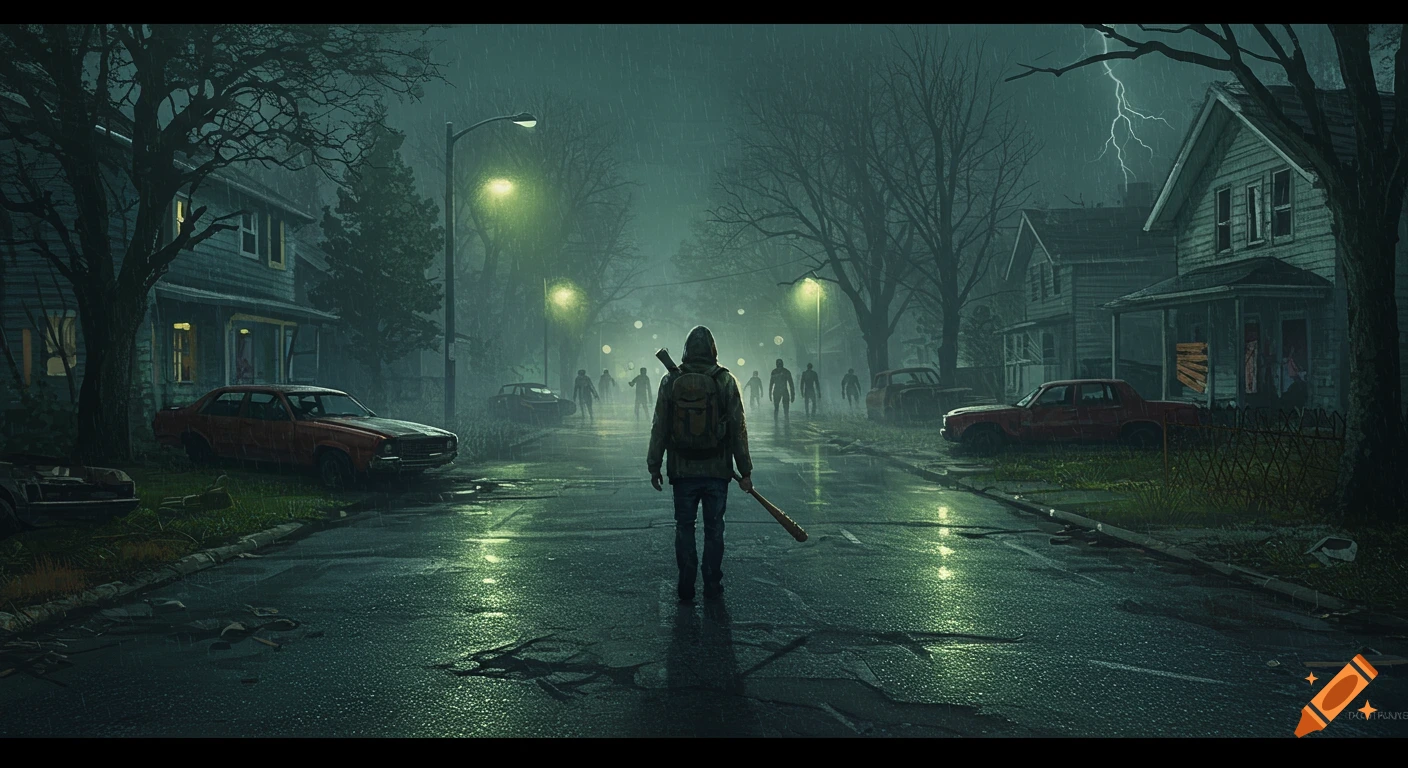 A lone survivor with a backpack and bat walks down a rainy, abandoned ...