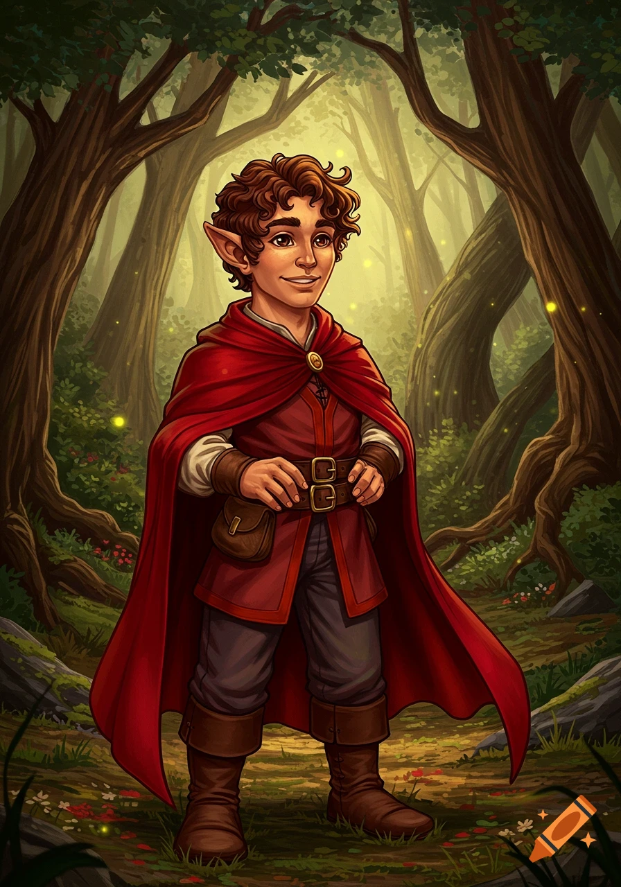 A smiling halfling with curly brown hair and pointed ears wears a red ...