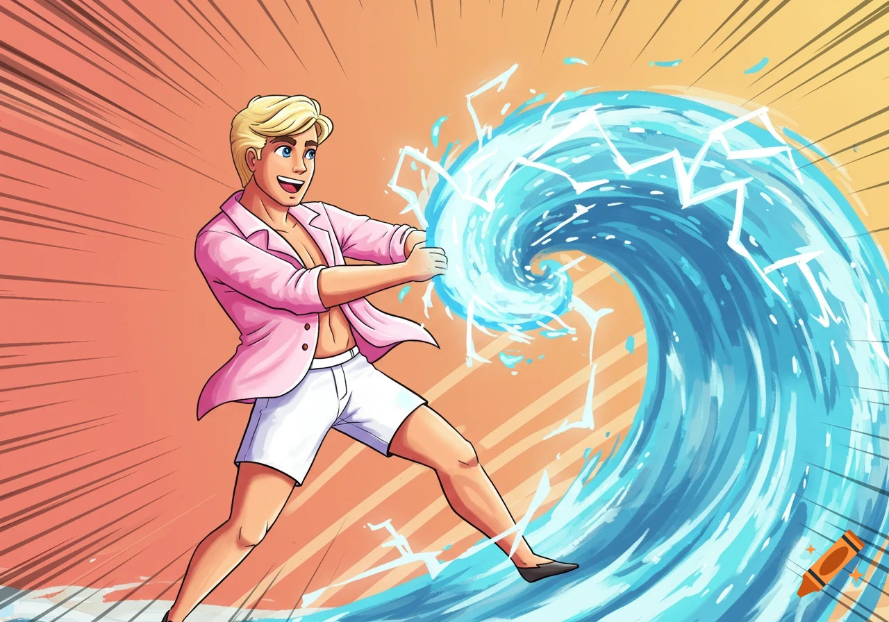 Cartoon Ken from Barbie in a pink shirt and white shorts, firing a blue ...