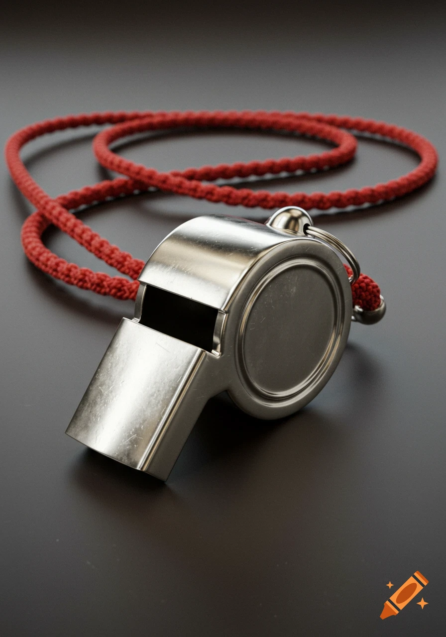 A shiny silver coach's whistle with a red braided cord lies on a dark ...