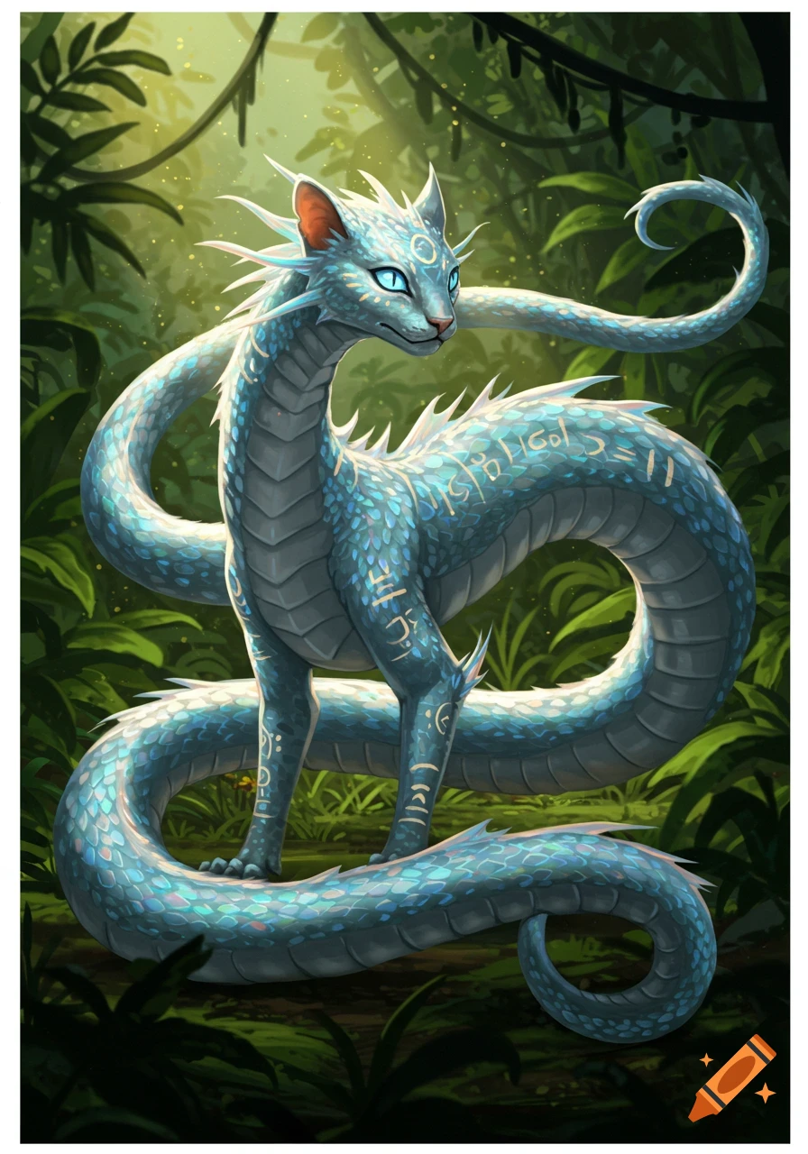 A shimmering blue cat-snake hybrid creature with glowing blue eyes and ...