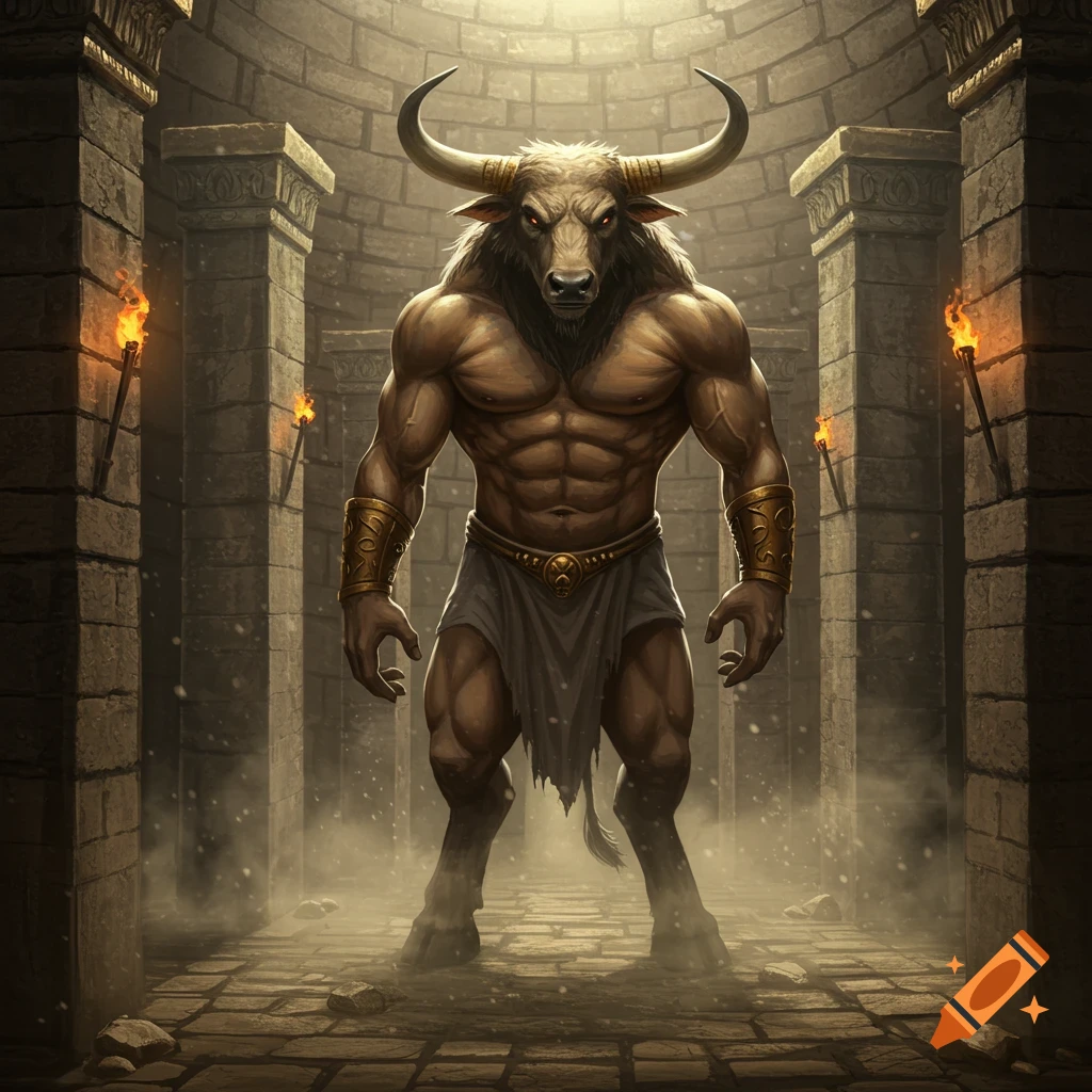 A powerful, muscular Minotaur with red eyes stands in a torch-lit ...