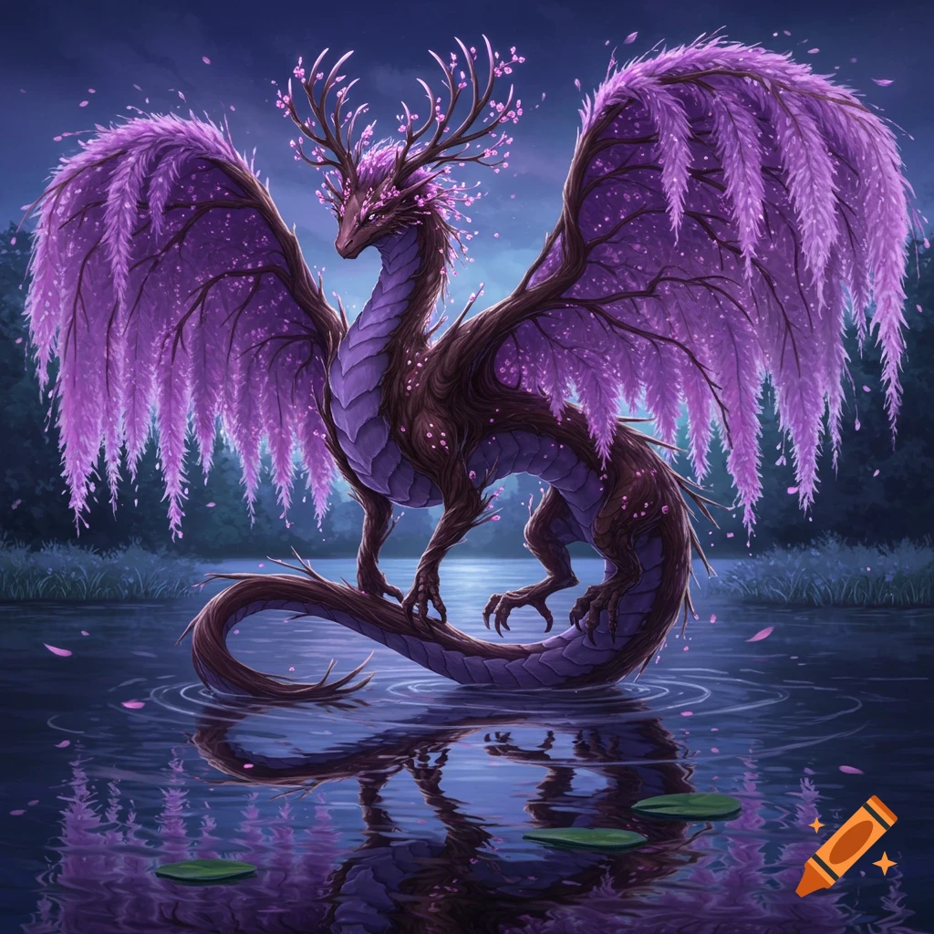 A majestic purple willow tree dragon with branch-like antlers and ...