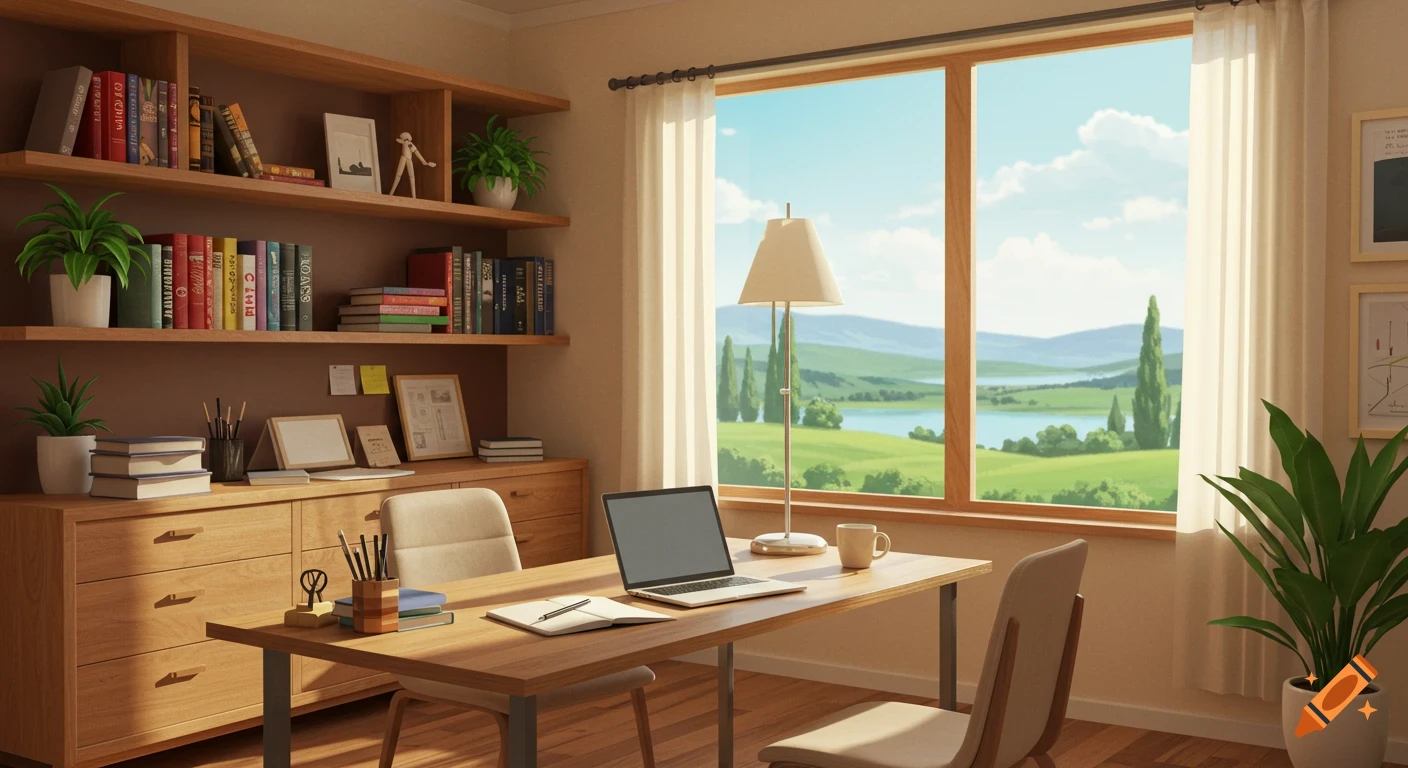 A cozy library room with wall-to-wall bookshelves, a bay window with ...