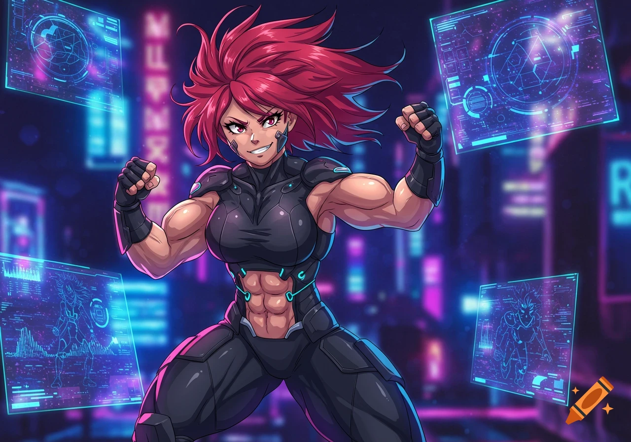 A muscular anime girl with spiky red hair poses assertively in a black ...