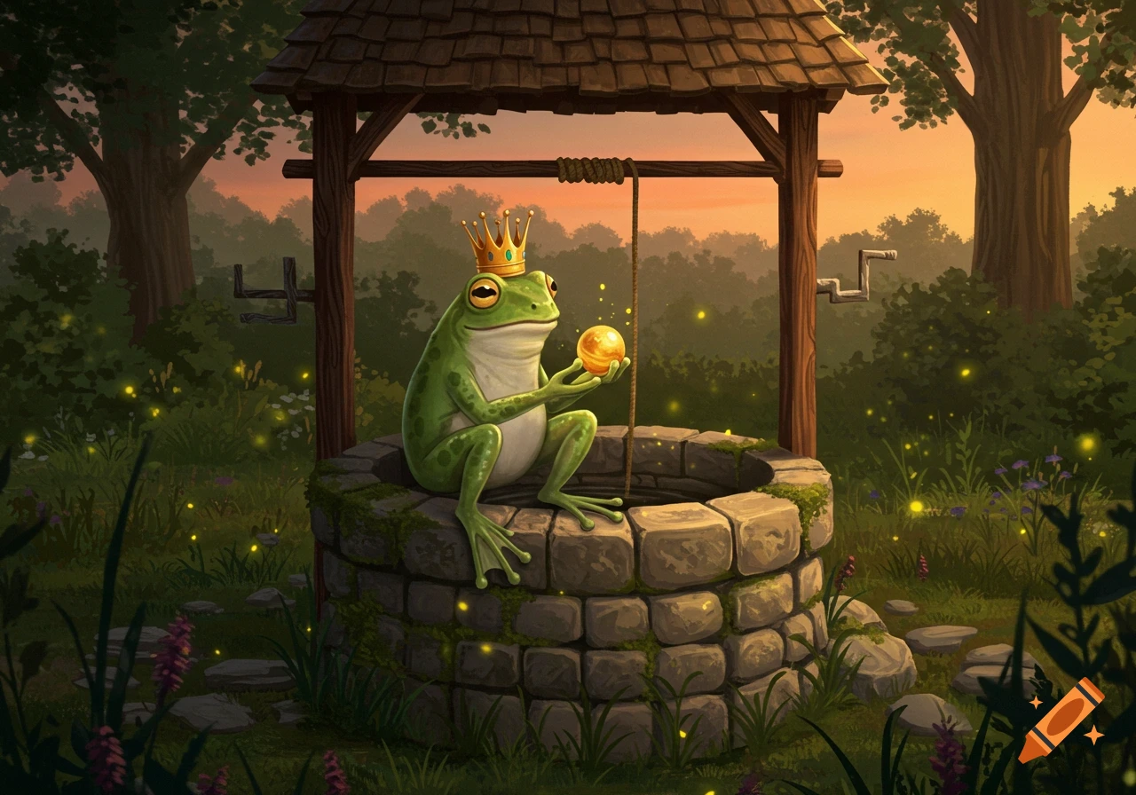 A king frog with a golden crown sits on an old stone well in a magical ...