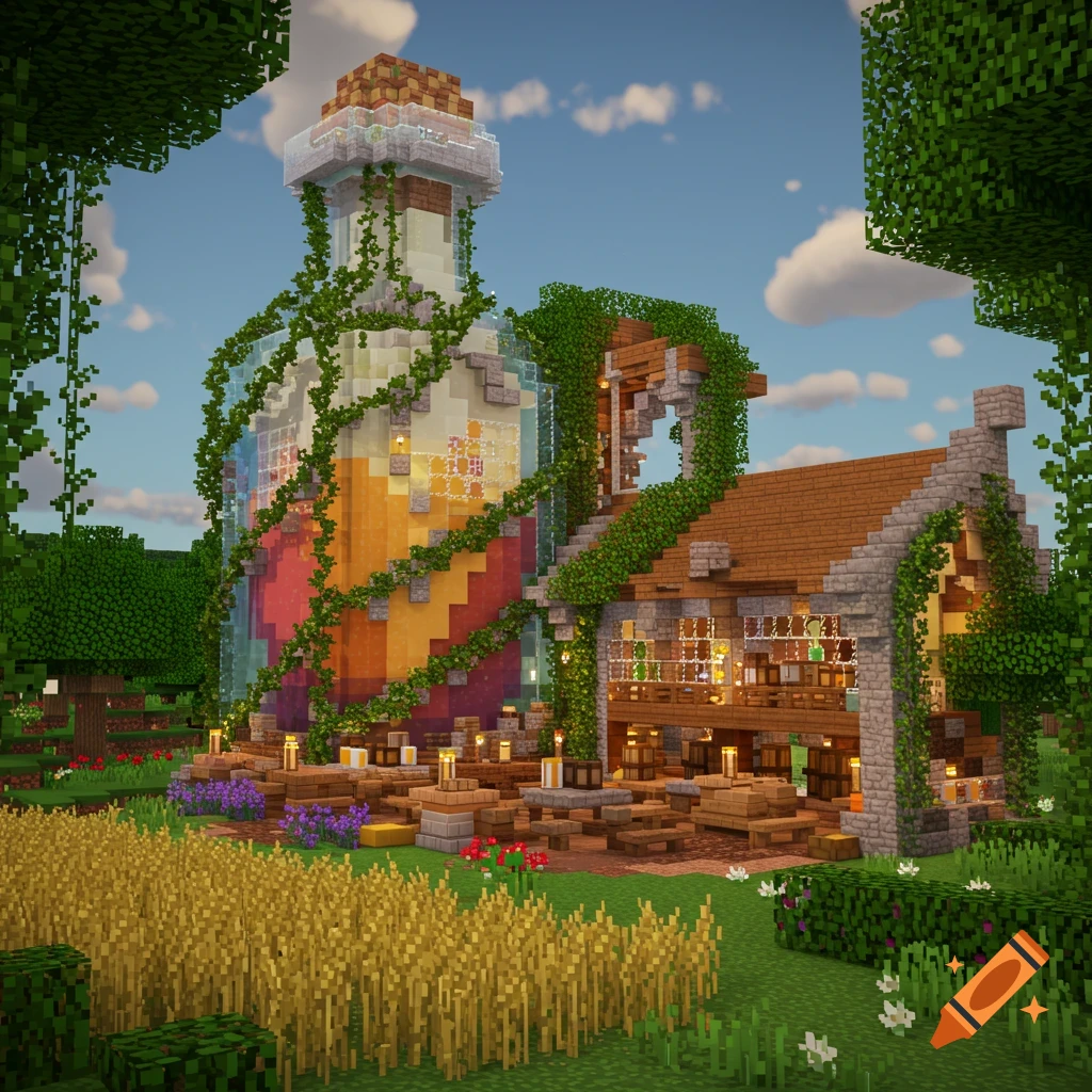 A detailed Minecraft build featuring a large potion bottle structure ...