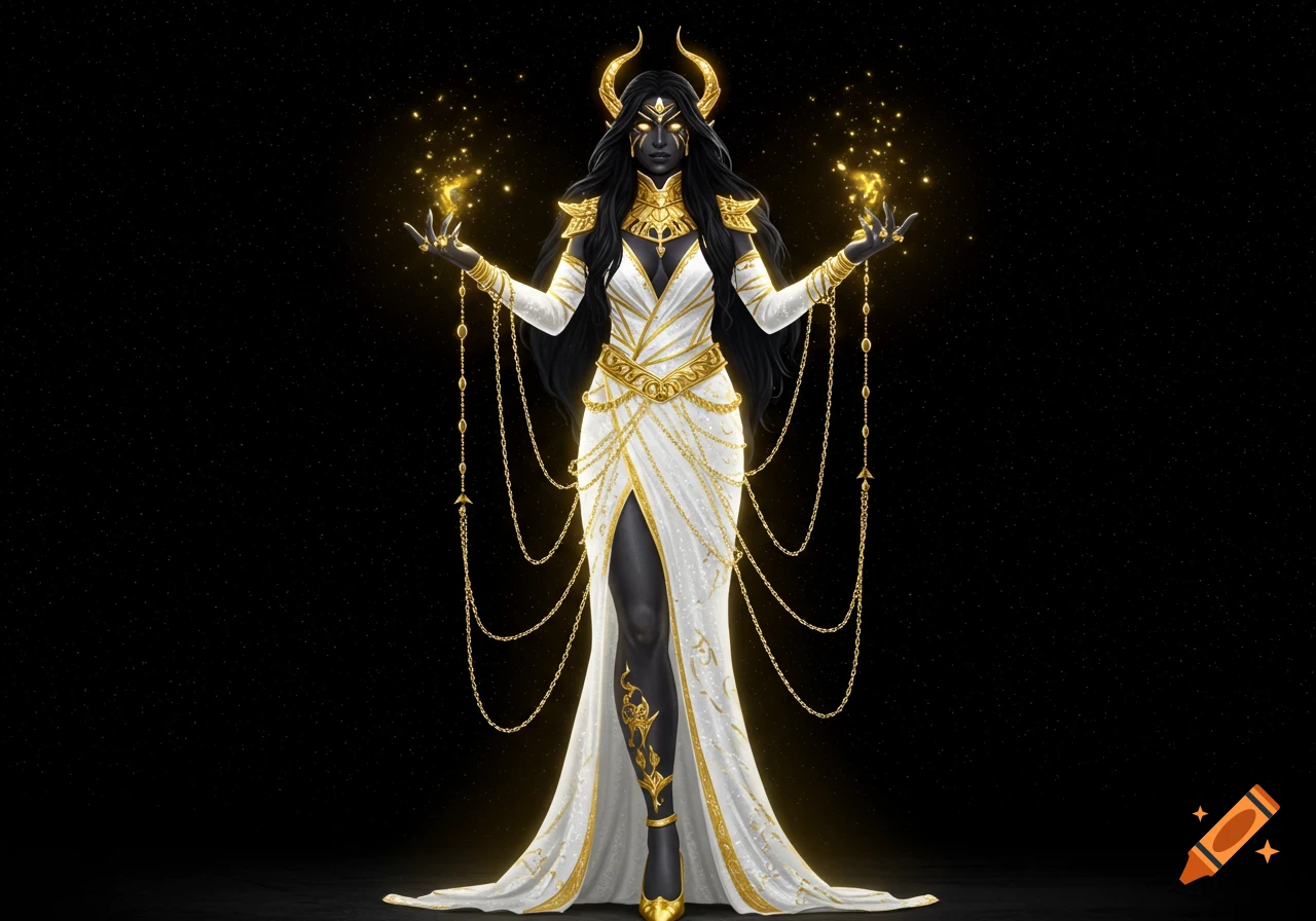 A golden line art drawing of an elf in flowing, ornate robes on a black ...