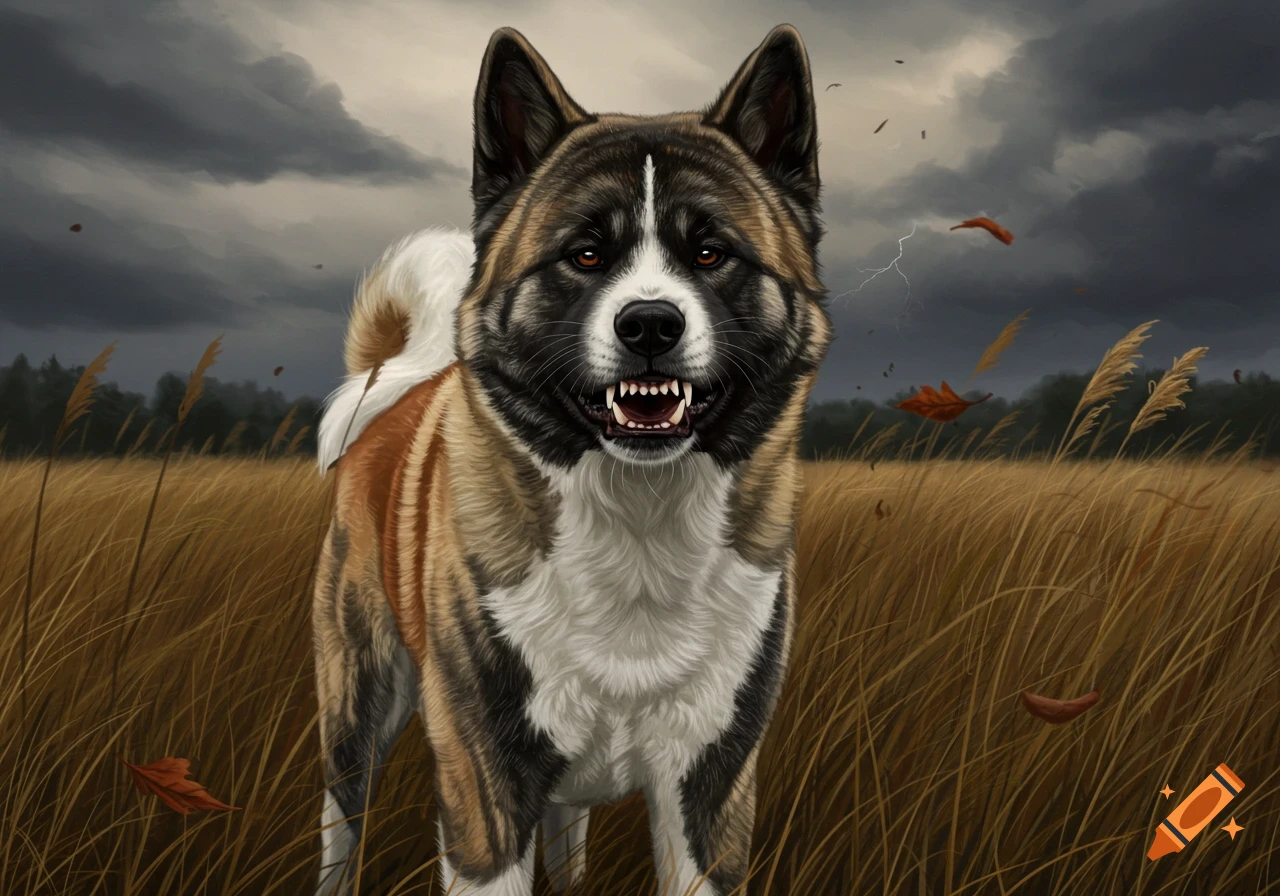 An American Akita dog with bared teeth growls in a field under a stormy ...